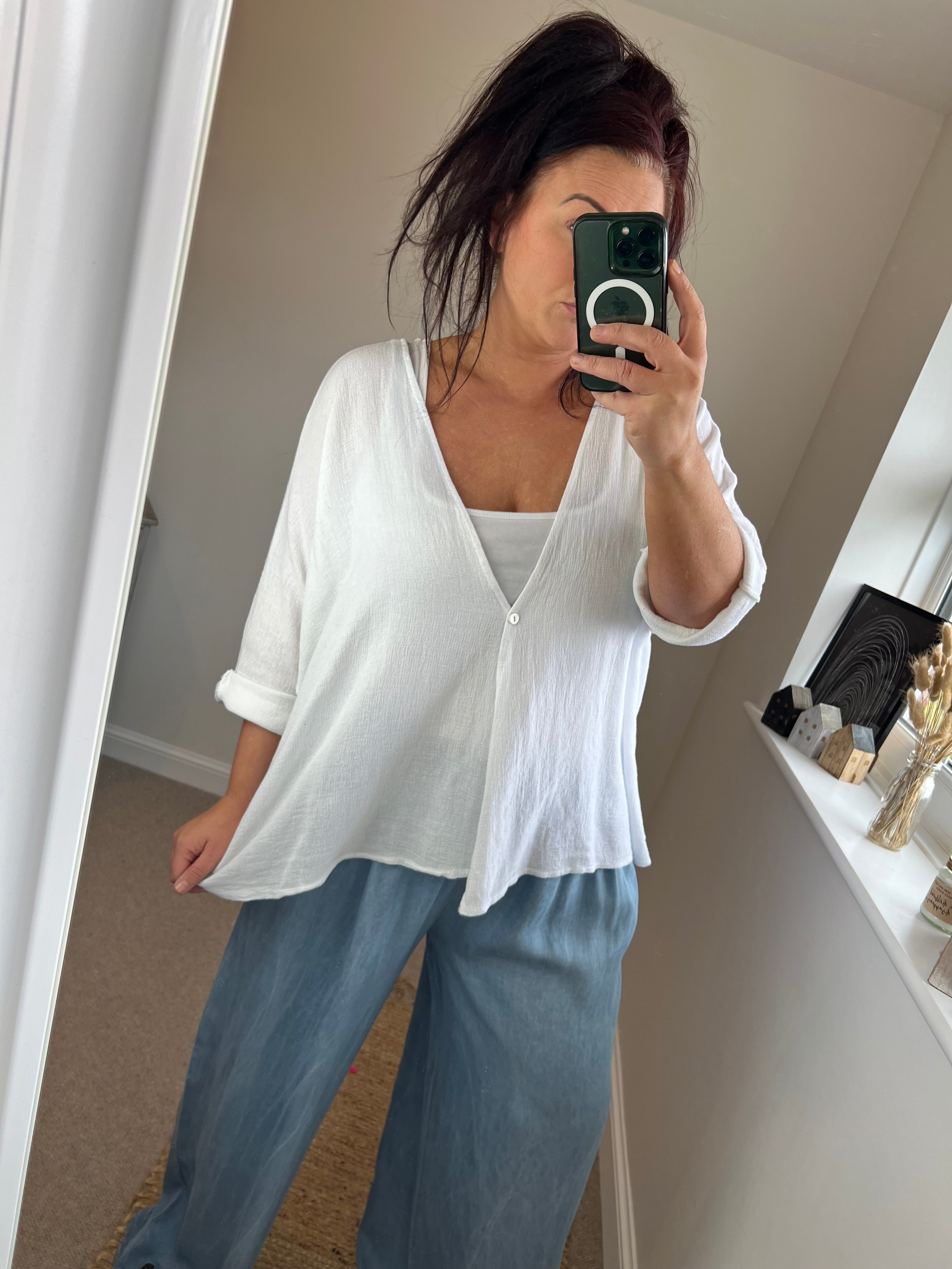 Linen Mix One Button Top - White – Top Knot